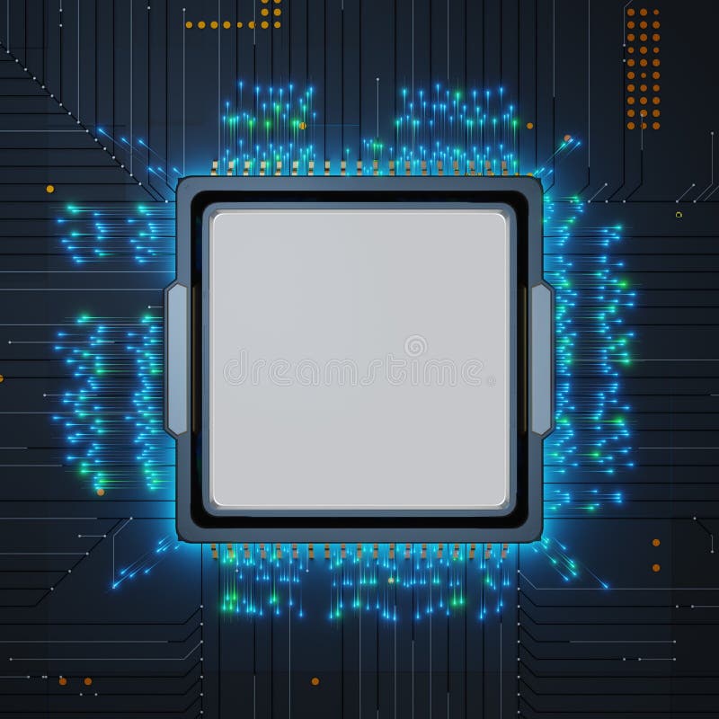 Detailed View of a Circuit Board Showcasing a Central Processor Surrounded by Vibrant Blue ...