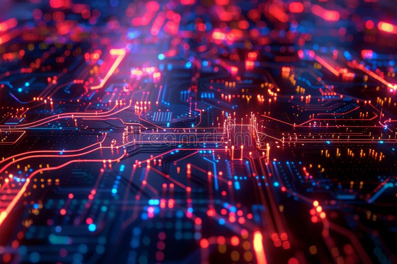 Detailed View of Circuits and Nodes on a Computer Motherboard Creating ...