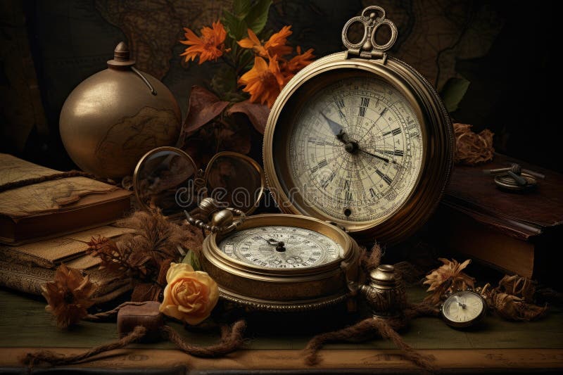 A Detailed View of a Clock and Other Objects Resting on a Table ...