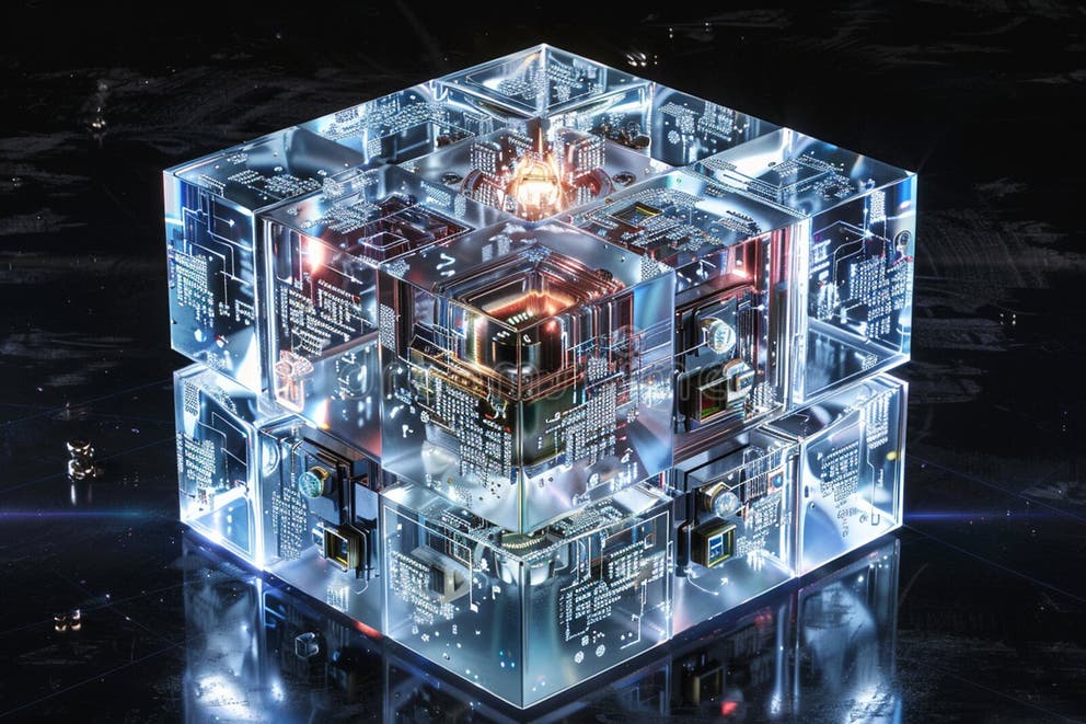 Detailed View of a Complex Circuitry Cube with Translucent Sections and ...
