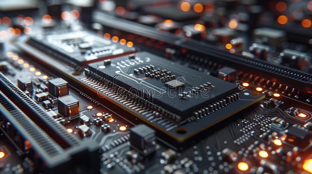A Detailed View of a Complex Computer Circuit Board with Glowing ...