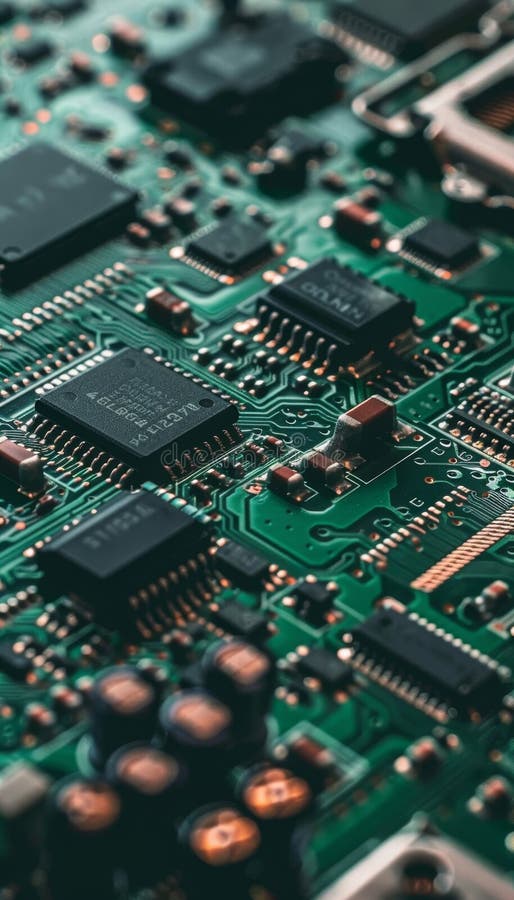 Detailed View of a Complex Green Circuit Board at an Angle Highlighting ...