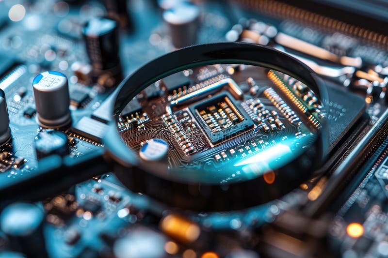 A Detailed View of a Computer Motherboard, Seen through a Magnifying ...