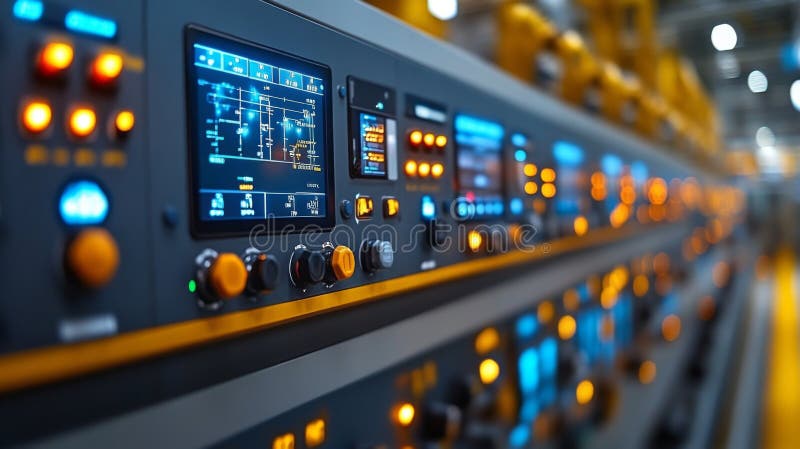 Detailed View of Control Panels in a Power Plant Emphasizing Energy ...