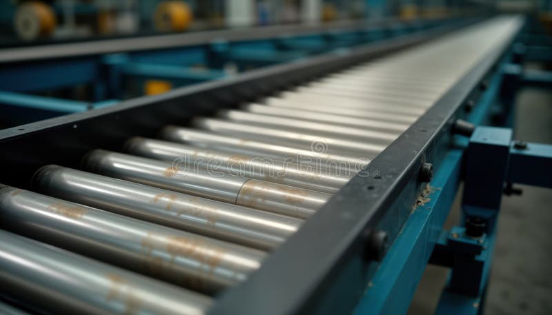 Detailed View of Conveyor Rollers, Belts. Industrial Setting Displays ...