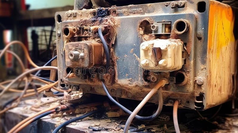 Detailed View of a Corroded Electrical Panel with Exposed Wires and ...