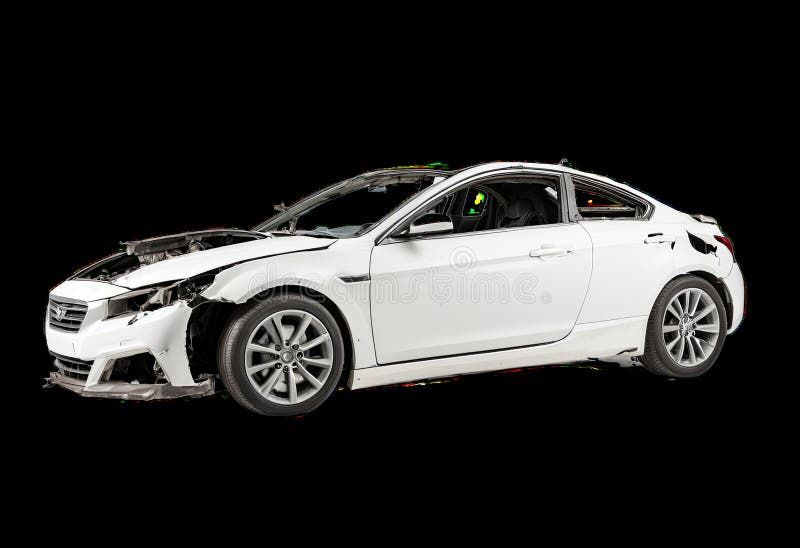 Detailed View of a Damaged White Car Showcasing an Array of Structural ...