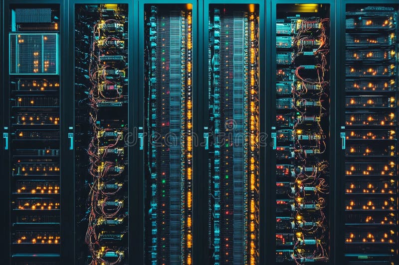 Illuminated Server Racks Data Center Technology Infrastructure Glowing ...