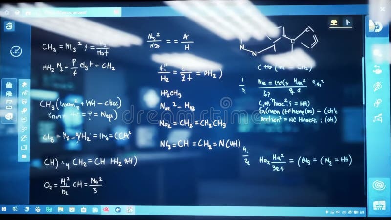 Detailed View of a Digital Screen Displaying Complex Chemical Equations ...