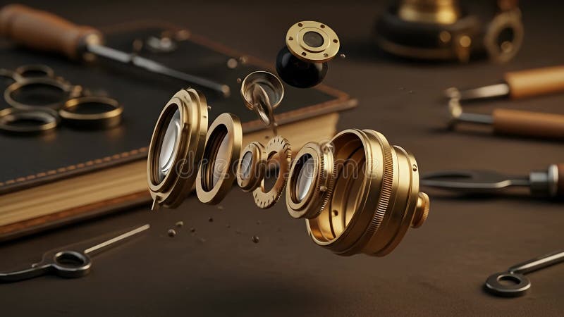 Exploded View: Golden Lens Assembly with Tools and Book on Dark Surface ...