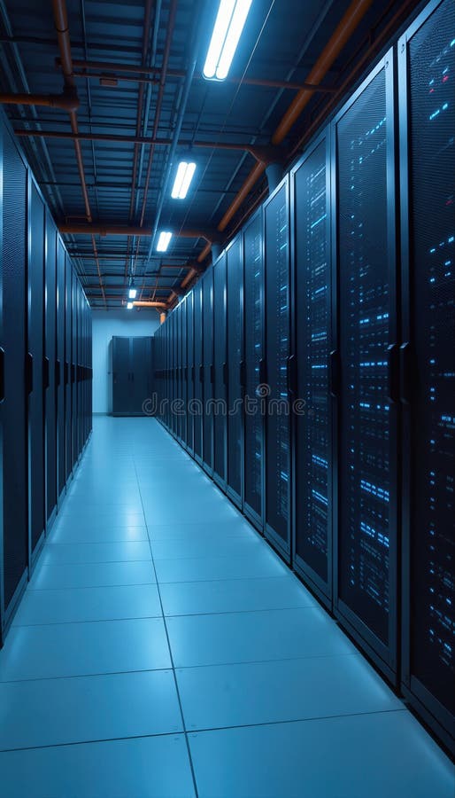Corridor Lined with Server Racks in a Data Center Illuminated by Blue ...