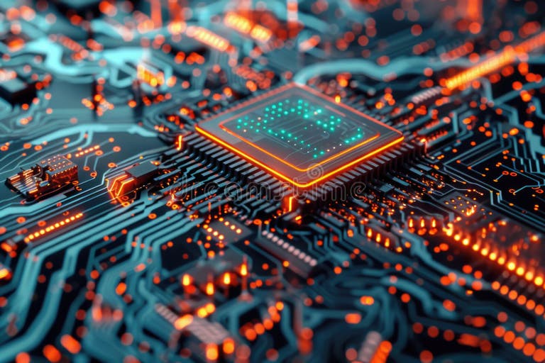 A Detailed View of Electronic Components and Wires on a Computer S ...