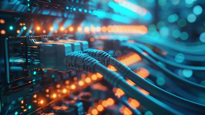 Detailed View of Ethernet Cables Connected To Illuminated Server Stock ...