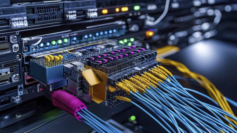 Detailed View of Fiber Optic Cable Setup in Data Center Technology ...