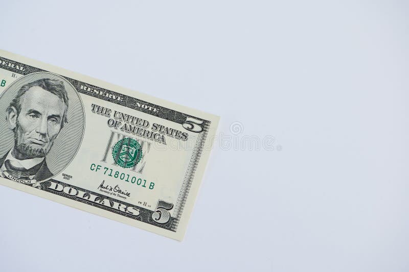 Five Dollar Banknote on a Plain White Background Highlighting Currency ...