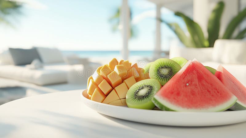 Detailed View Fresh Fruit Platter Featuring Sliced Mango Watermelon ...