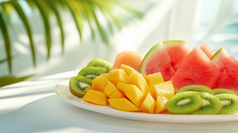 Detailed View of a Fresh Fruit Platter Featuring Sliced Mango ...