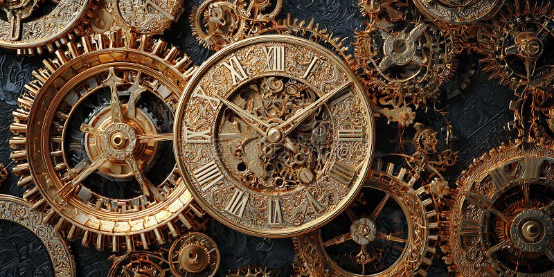 Detailed View of a Golden Clock Face Surrounded by Gears and Cogs with ...
