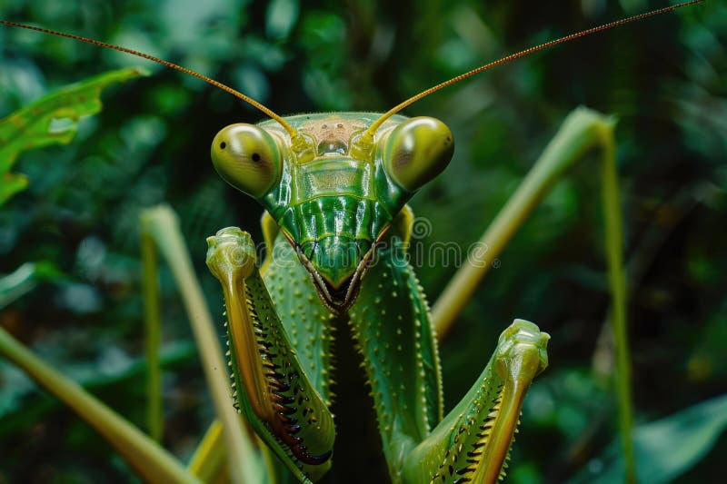 A Detailed View of a Green Praying Mantis Face and Body Stock Photo ...