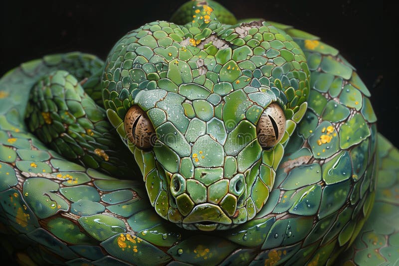 A Detailed View of a Green Snake Against a Dark Black Backdrop Stock ...