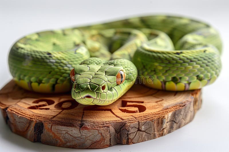 A Detailed View of a Green Snake Slithering on a Wooden Surface Stock ...