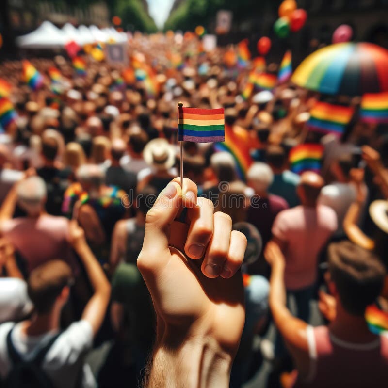 Detailed View of a Hand Holding a Small Rainbow Flag at a Pride Parade ...