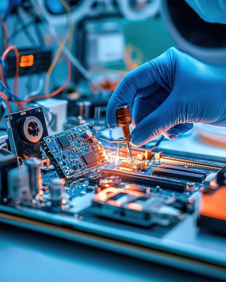 Detailed View of Hands Working on Electronic Assembly with Tools and ...