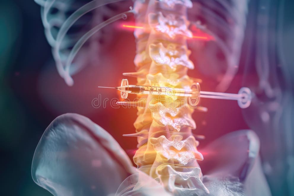A Detailed View of a Human Spine with a Needle Inserted Stock Photo ...