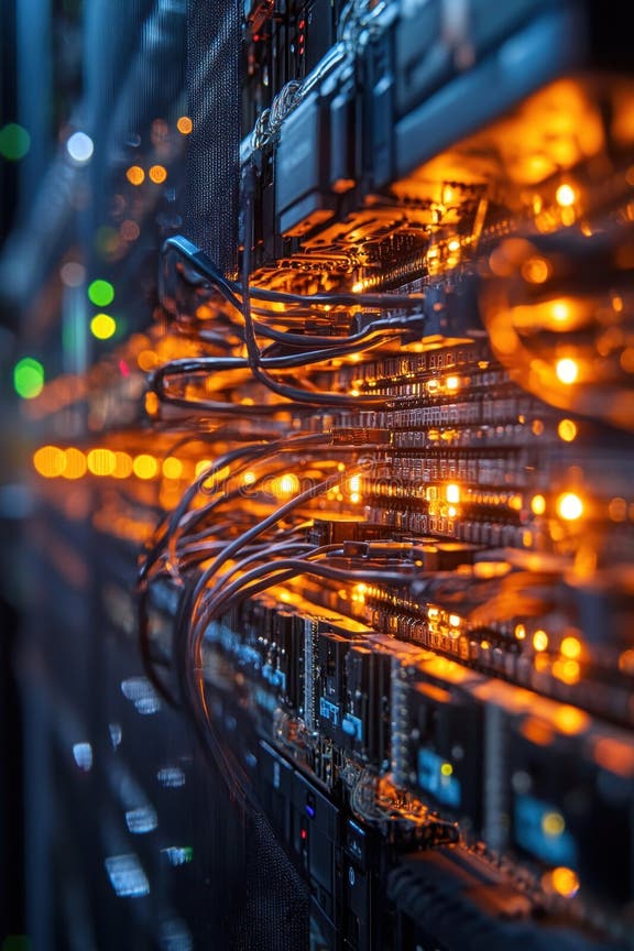 Detailed View of Illuminated Server Equipment Showcasing Complex Wiring ...