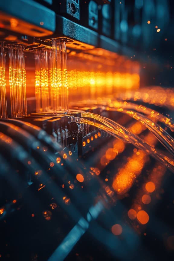 Detailed View of Illuminated Server Equipment Showcasing Complex Wiring ...