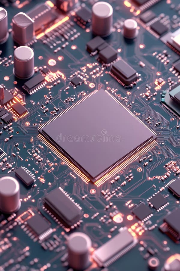 Detailed View of Integrated Circuit Board with Central Processor Unit Connecting Complex Digital ...
