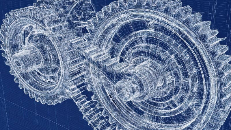 Detailed View of Intricate Gears and Cogs Against a Blueprint Background Showcasing Mechanical ...