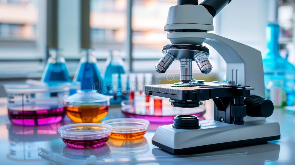 Detailed View of Laboratory Microscope with Petri Dishes and Tools in ...