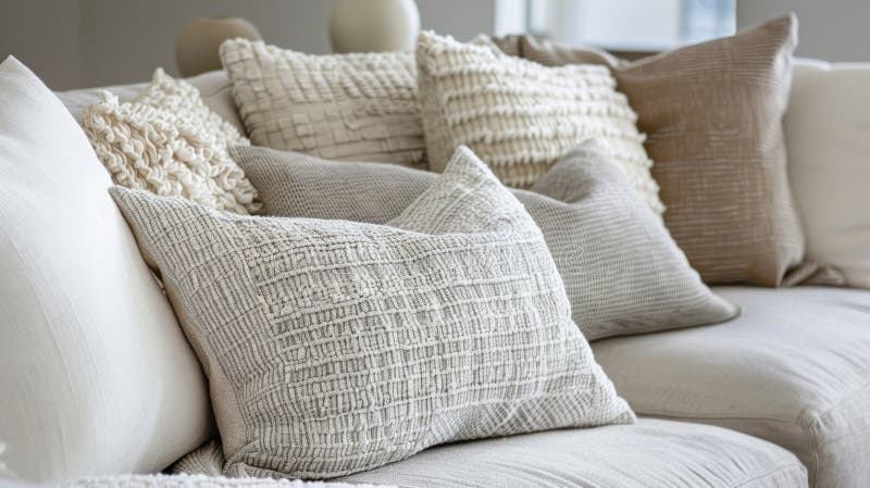 Textured Linen Throw Pillows on Neutral Toned Sofa for Stylish Interior ...