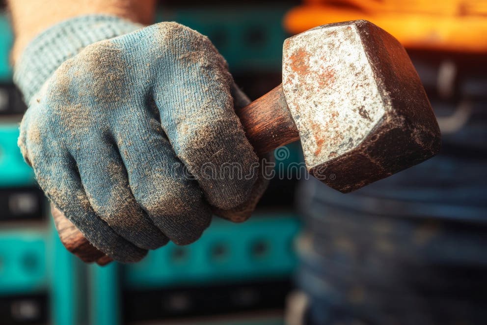 A Detailed View of a Man Holding a Hammer at a Data Storage Server ...