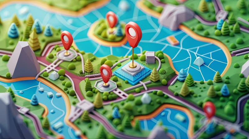 Detailed View of a Map with Multiple Pin Markers Showing GPS Tracking ...