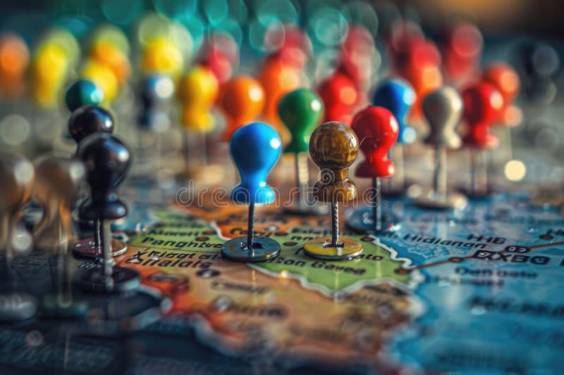 A Detailed View of a Map with Various Pins Marking Locations Stock ...