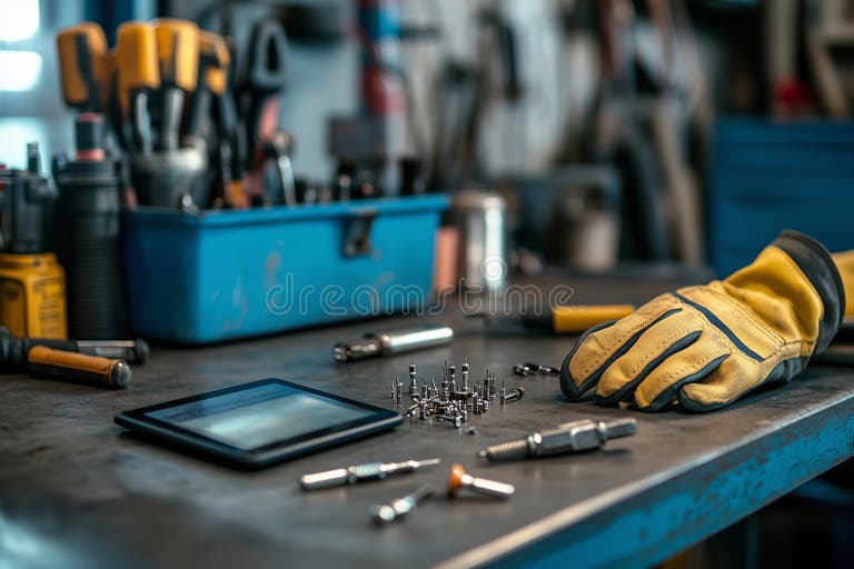 Detailed View of a Mechanics Workbench Featuring Spark Plugs and Tools ...