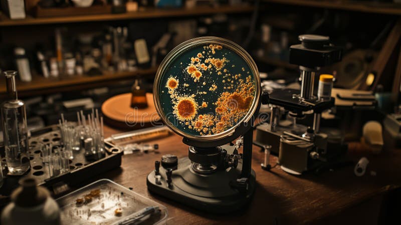 Detailed View of Microbial Culturing in Petri Dish Observed Under ...