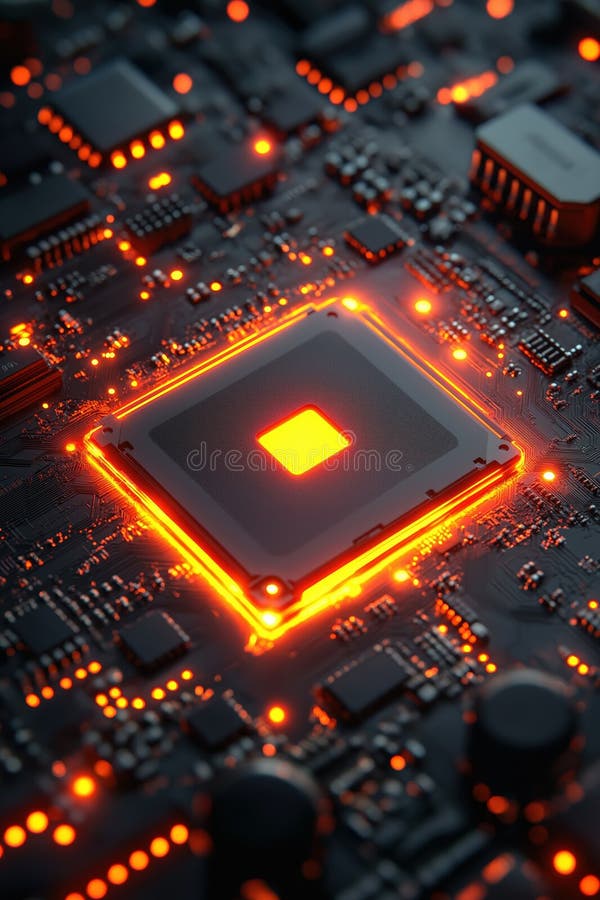 Close-up View of Glowing Microprocessor on Circuit Board with Vibrant ...
