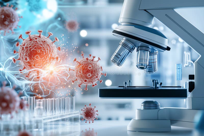A Detailed View of Microscope with Virus Attacking Human Cells in ...