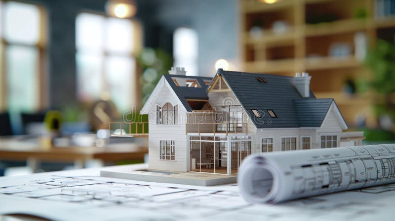 Detailed View of a Model House Placed Alongside a Rolled Architectural ...