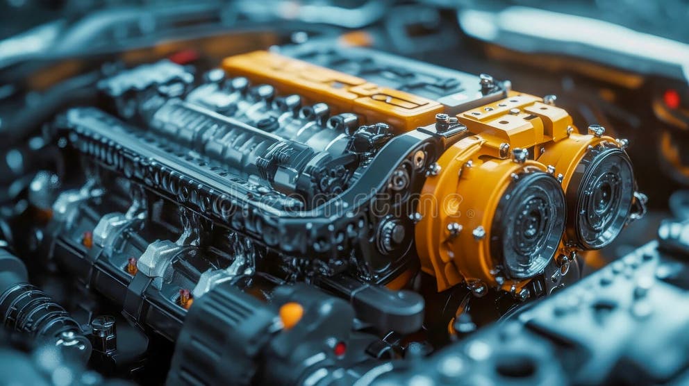 Detailed View of a Modern Car Engine with Yellow and Black Elements ...