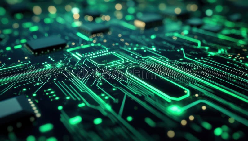 Detailed View of a Modern Circuit Board with Glowing Green Lines and ...
