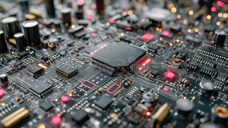 Detailed View of a Modern Circuit Board with Illuminated Components and ...