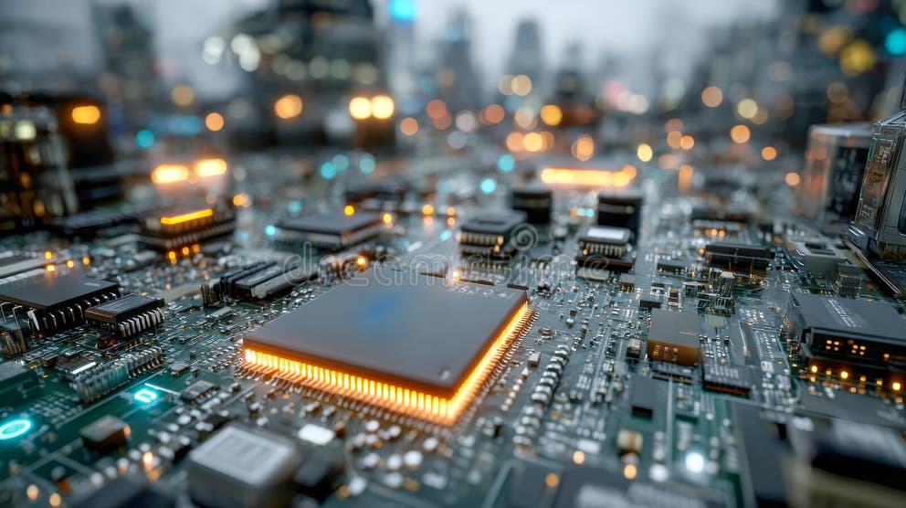 Detailed View of a Modern Circuit Board with Illuminated Components and ...