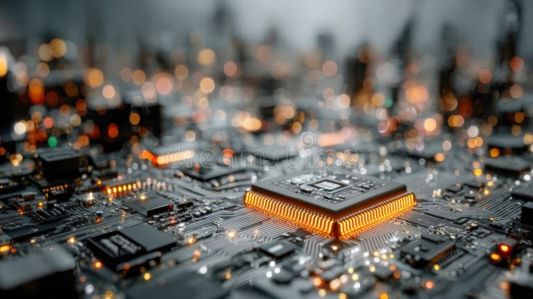 Detailed View of a Modern Circuit Board with Illuminated Components and ...