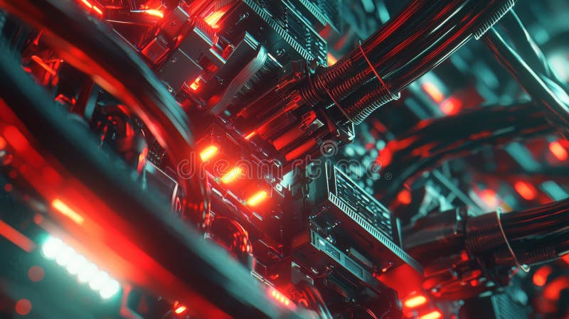 A Detailed View of a Modern Server Rack Featuring Illuminated LED ...