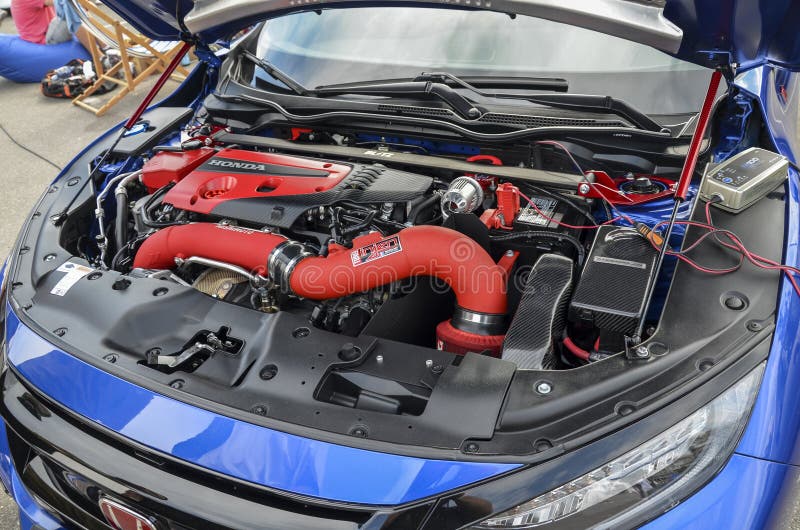 Detailed View of a Modified Honda Engine with a Red Intake Editorial ...