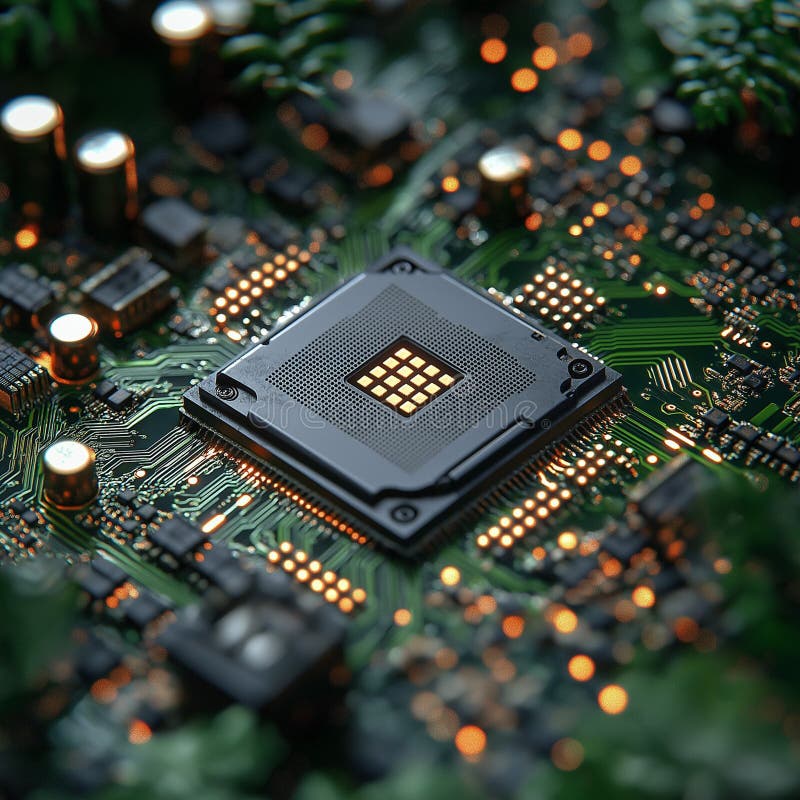 Detailed View of a Motherboard, Displaying Various Chips, Capacitors ...